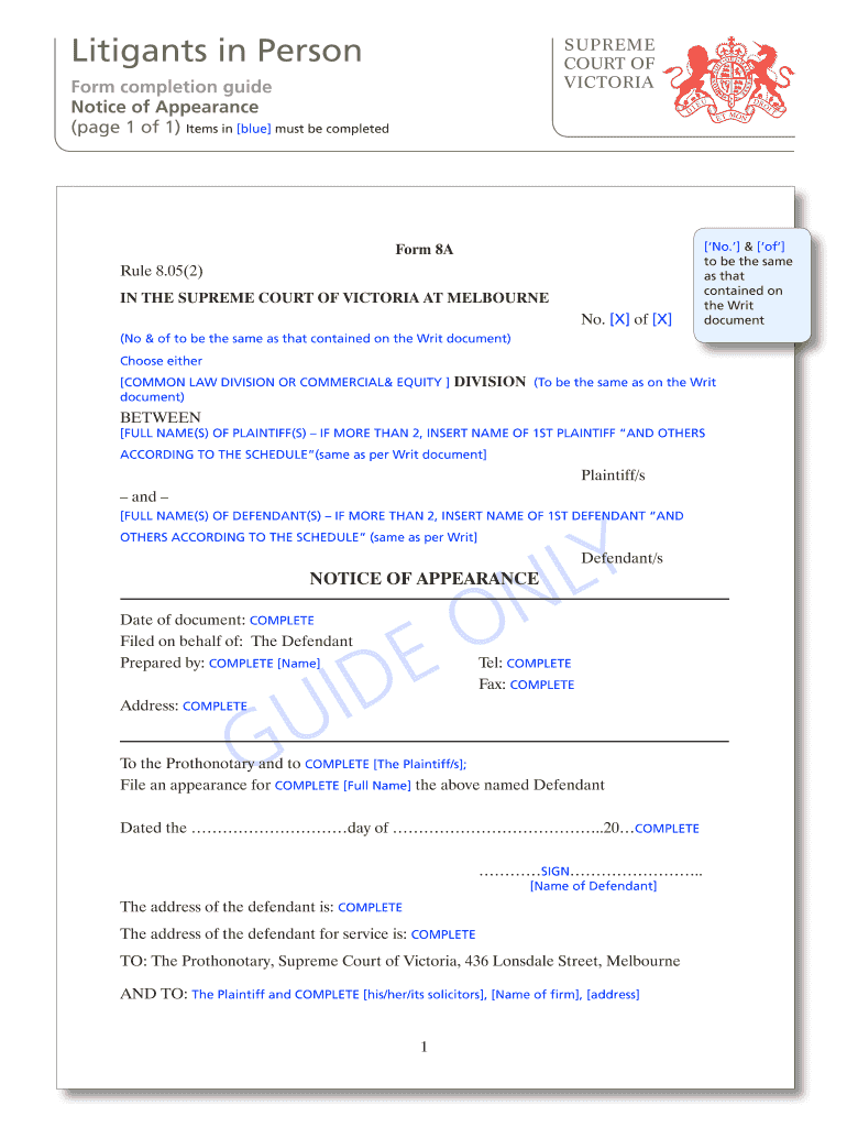 Fillable Online Litigants in Person SUPREME COURT OF Form completion ...