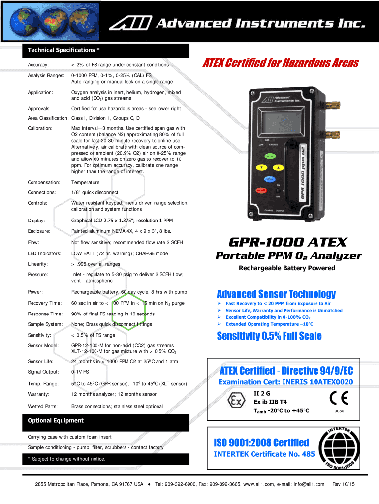 Fillable Online GPR-1000 Portable PPM Oxygen Analyzer Fax Email Print ...
