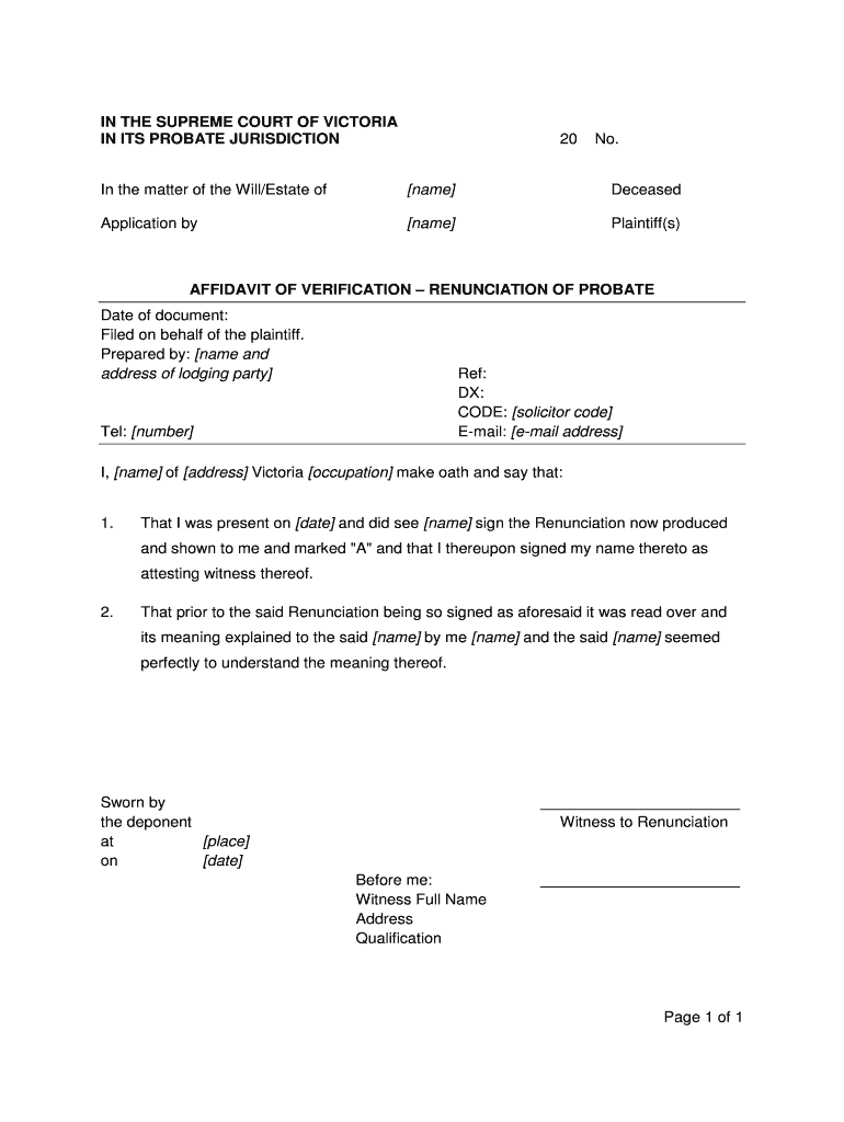 Fillable Online Affidavit of Verification - Renunciation of Probate Fax ...
