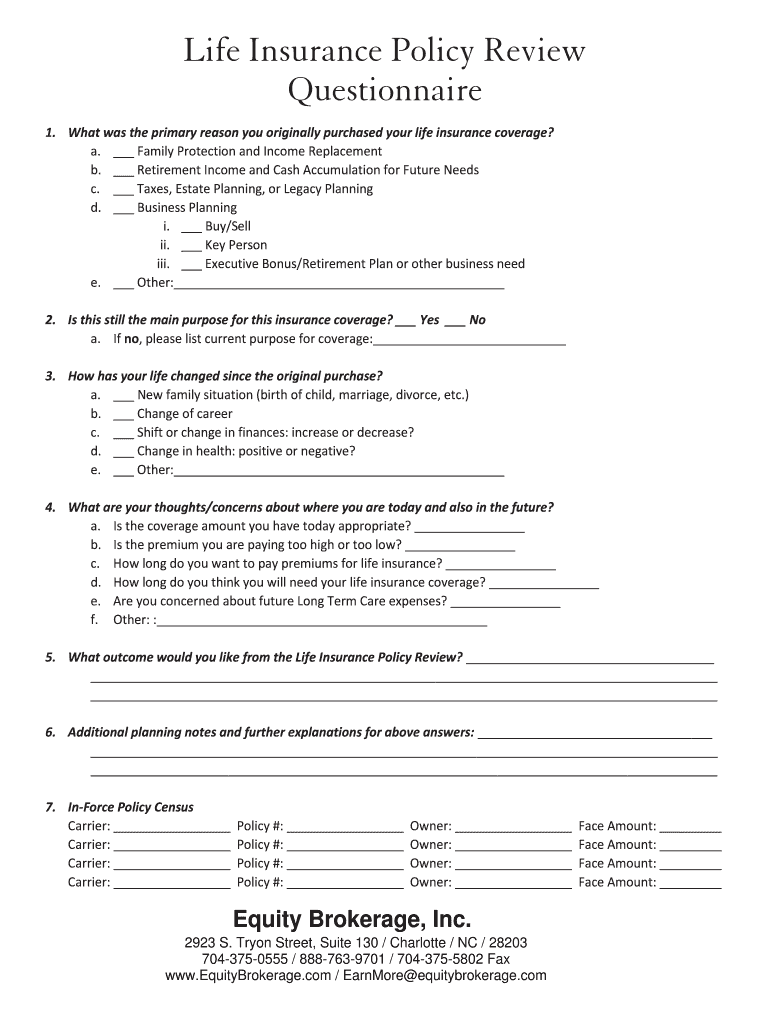 Fillable Online Life Insurance Policy Review Questionnaire - Equity ...
