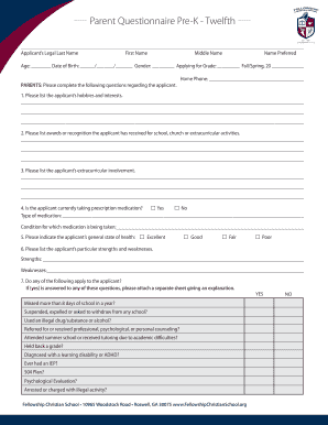 Fillable Online Parent Questionnaire Pre-K - Twelfth Fax Email Print ...
