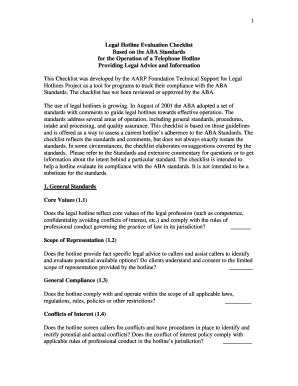 Fillable Online Legal Hotline Evaluation Checklist Based on the ABA Fax ...