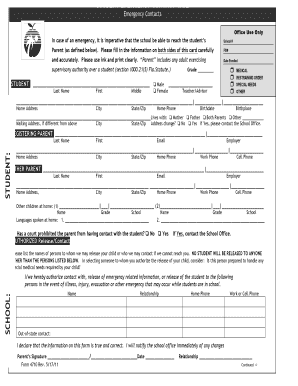 Fillable Online STUDENT EMERGENCY CONTACT CARD Emergency Contacts Fax ...