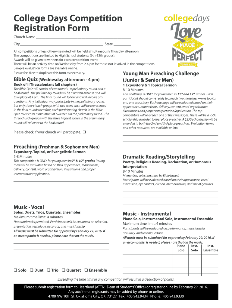 Fillable Online College Days Competition Registration Form Fax Email ...