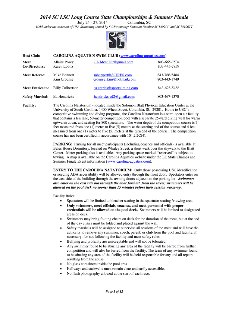 Fillable Online 2014 SC LSC Long Course State Championships Summer Fax ...