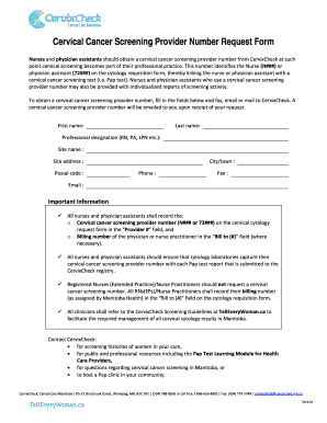 Fillable Online Cervical Cancer Screening Provider Number Request Form ...