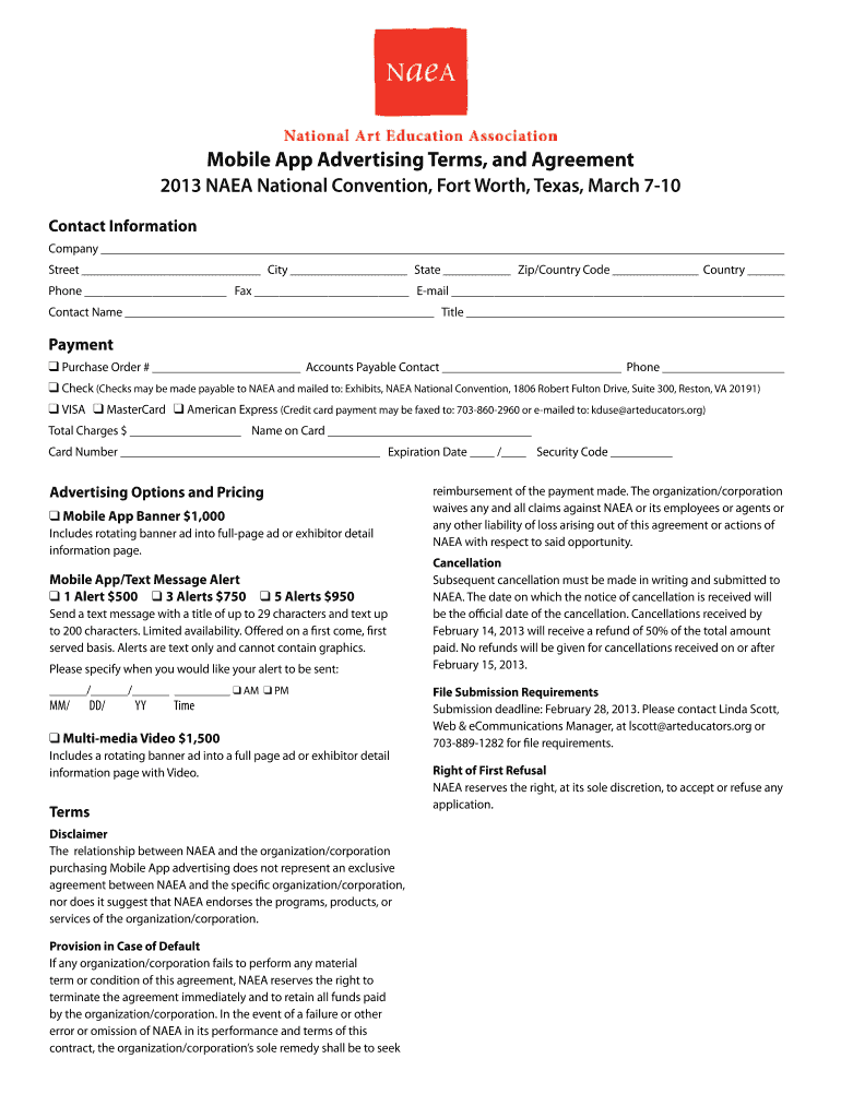 Fillable Online acminet arteducators Mobile bAppb Advertising Terms and ...