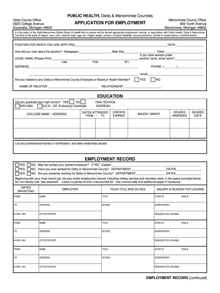 Fillable Online phdm APPLICATION FOR EMPLOYMENT - Public Health Delta ...