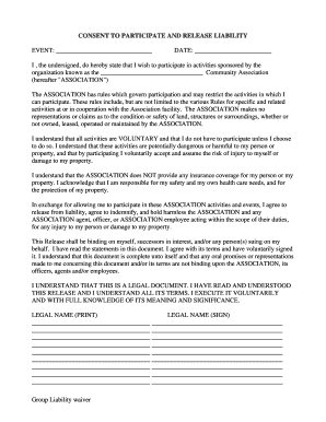 Fillable Online CONSENT TO PARTICIPATE AND RELEASE LIABILITY Fax Email ...