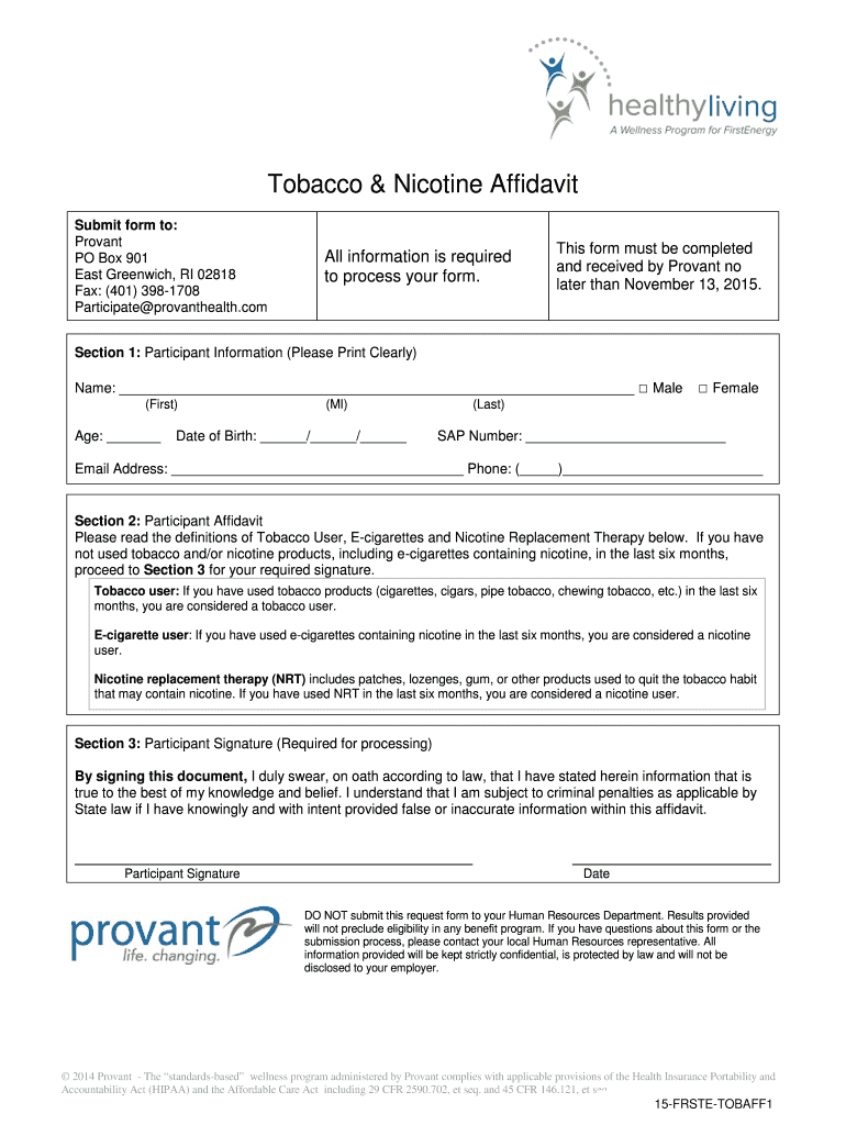 Fillable Online Tobacco and Nicotine Affidavit - myfirstrewardscom Fax ...