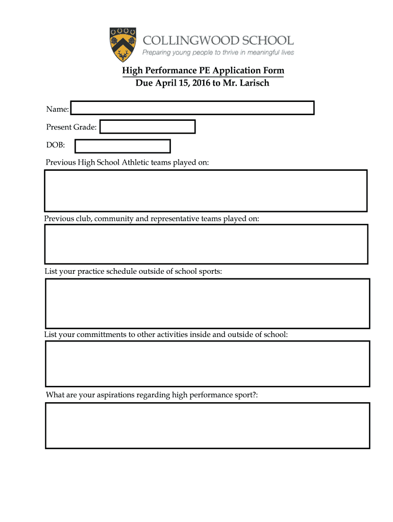 Fillable Online collingwood High Performance PE Application Form to Mr ...