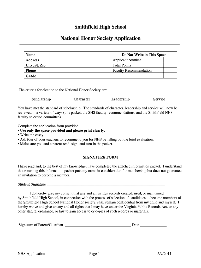 Fillable Online Smithfield High School National Honor Society Application Fax Email Print ...