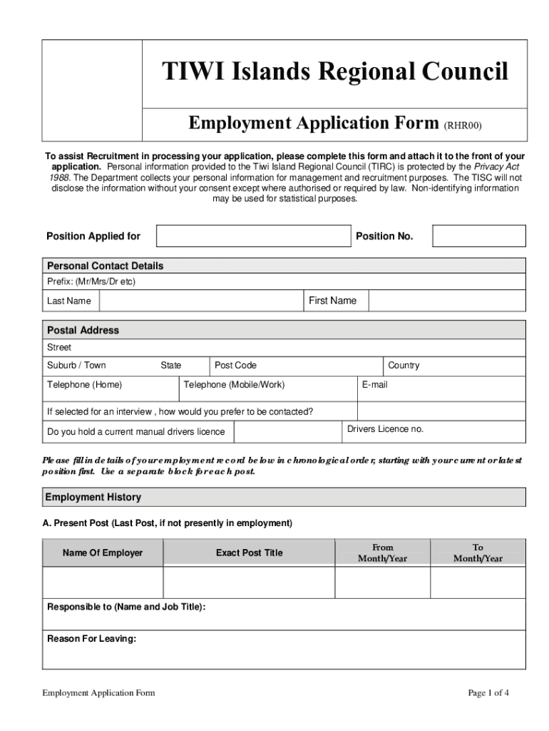 Fillable Online tiwiislands org HR00 EMPLOYMENT APPLICATION FORM.doc Fax Email Print - pdfFiller