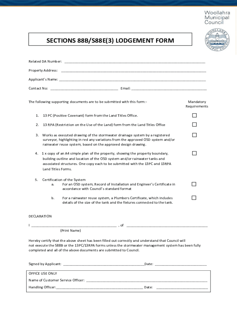 Fillable Online Sections 88B/S88E3 Lodgement Form - Willoughby City ...