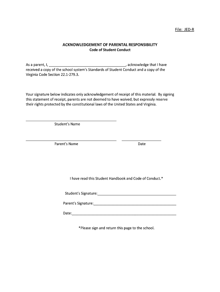 Fillable Online ACKNOWLEDGEMENT OF PARENTAL RESPONSIBILITY Code of ...