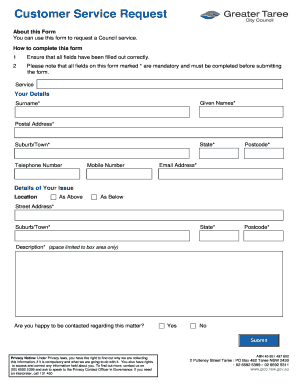 Fillable Online Customer Service Request - Taree Council Fax Email ...