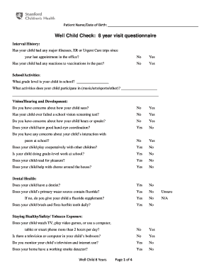 Fillable Online Well Child Check 8 year visit questionnaire Fax Email ...