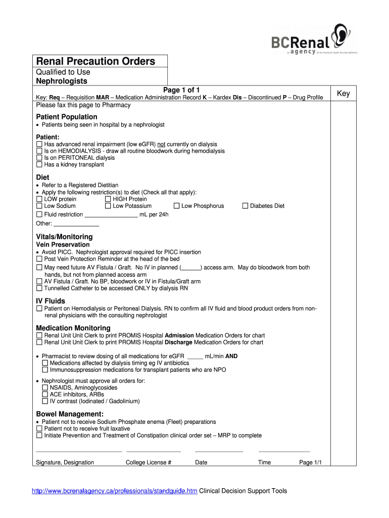 Fillable Online Renal Precaution Orders Fax Email Print - pdfFiller