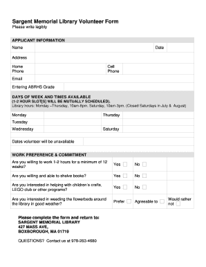 Fillable Online Sargent Memorial Library Volunteer Form - Boxborough ...
