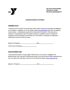 Fillable Online thefamilyy ACKNOWLEDGEMENT STATEMENTS PERSONNEL POLICY ...