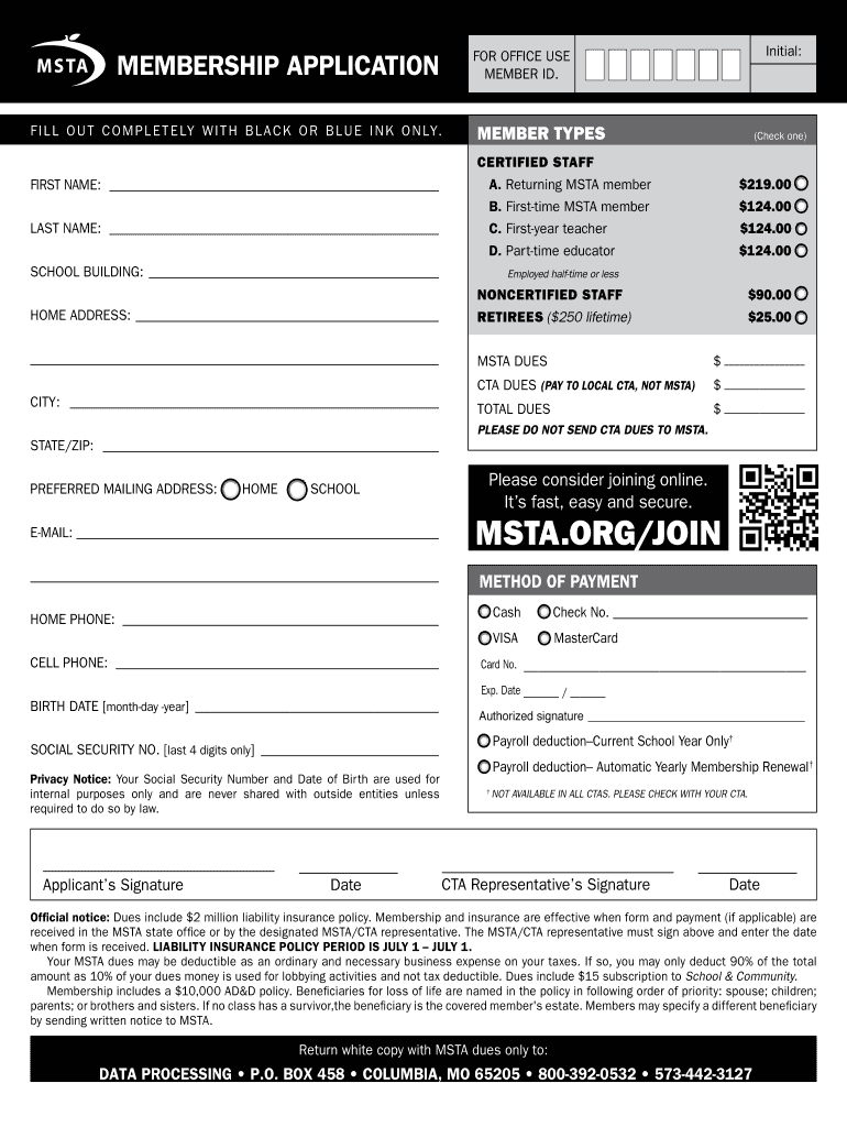 Fillable Online msta MEMBERSHIP APPLICATION MEMBER ID Fax Email Print ...