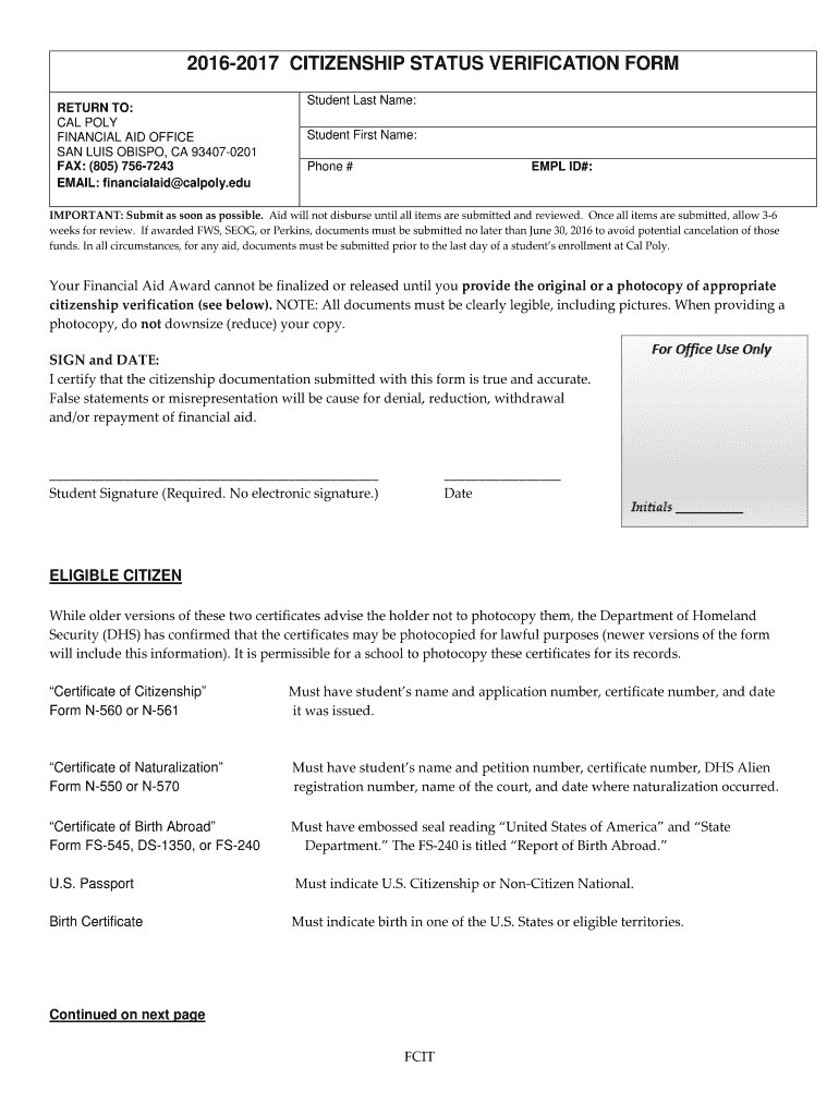Fillable Online financialaid calpoly FCIT13CITIZENSHIP VERIFICATION ...