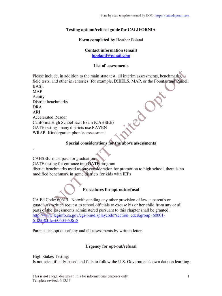 Fillable Online Testing optoutrefusal guide for CALIFORNIA Fax Email ...