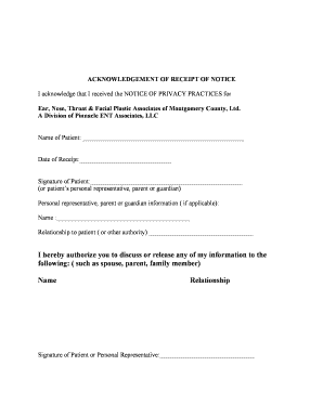 Fillable Online ACKNOWLEDGEMENT OF RECEIPT OF NOTICE - entfpacom Fax ...