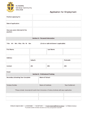 Fillable Online flinders vic edu FLINDERS COLLEGE Application foor Employment Fax Email Print ...