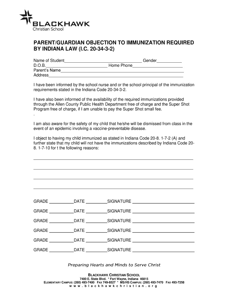 Fillable Online blackhawkchristian PARENTGUARDIAN OBJECTION TO IMMUNIZATION - blackhawkchristian ...