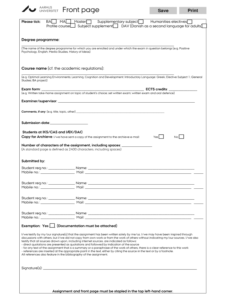 Fillable Online Front page - studerendeaudk Fax Email Print - pdfFiller