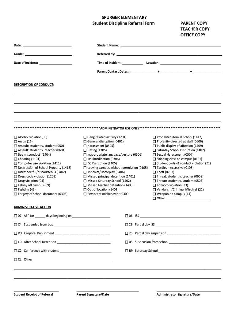 Fillable Online spurgerisd SPURGER ELEMENTARY Student Discipline ...