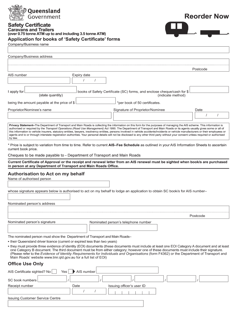 Fillable Online support transport qld gov Safety Certificate - support ...
