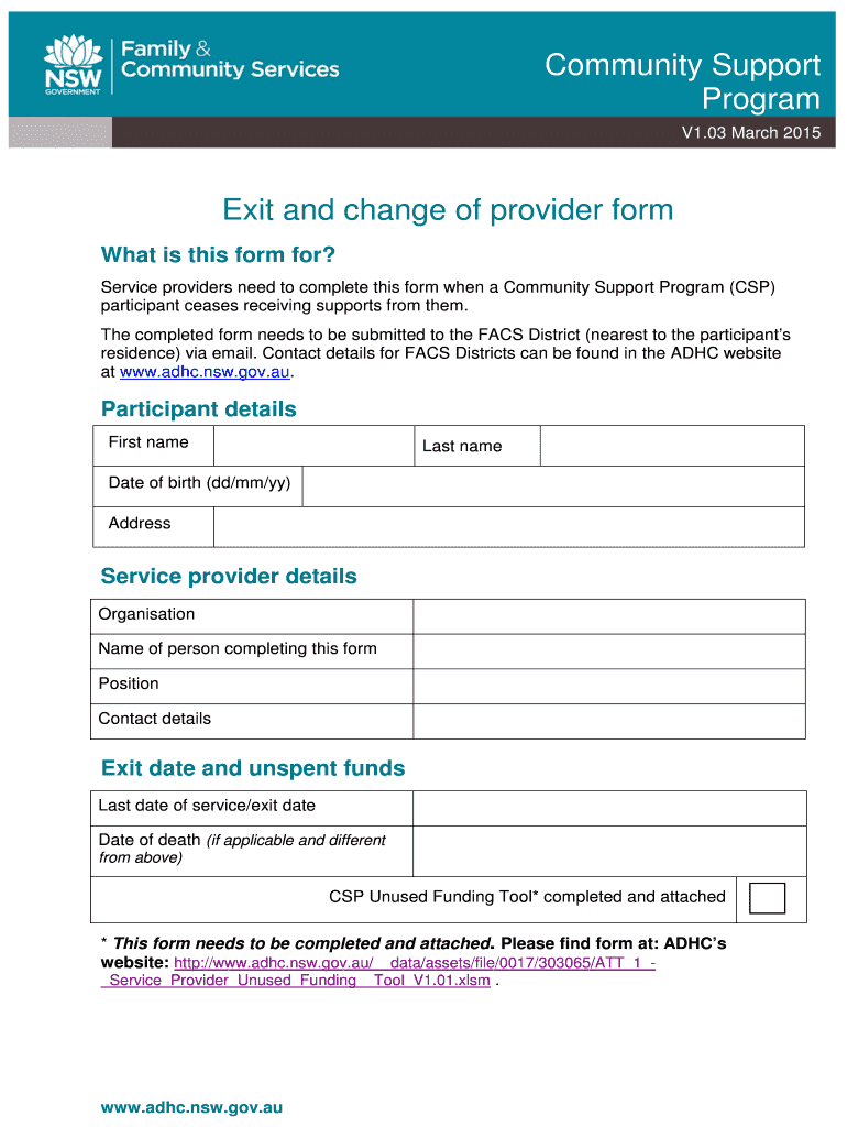 Fillable Online Community Support Program Exit and change of provider ...