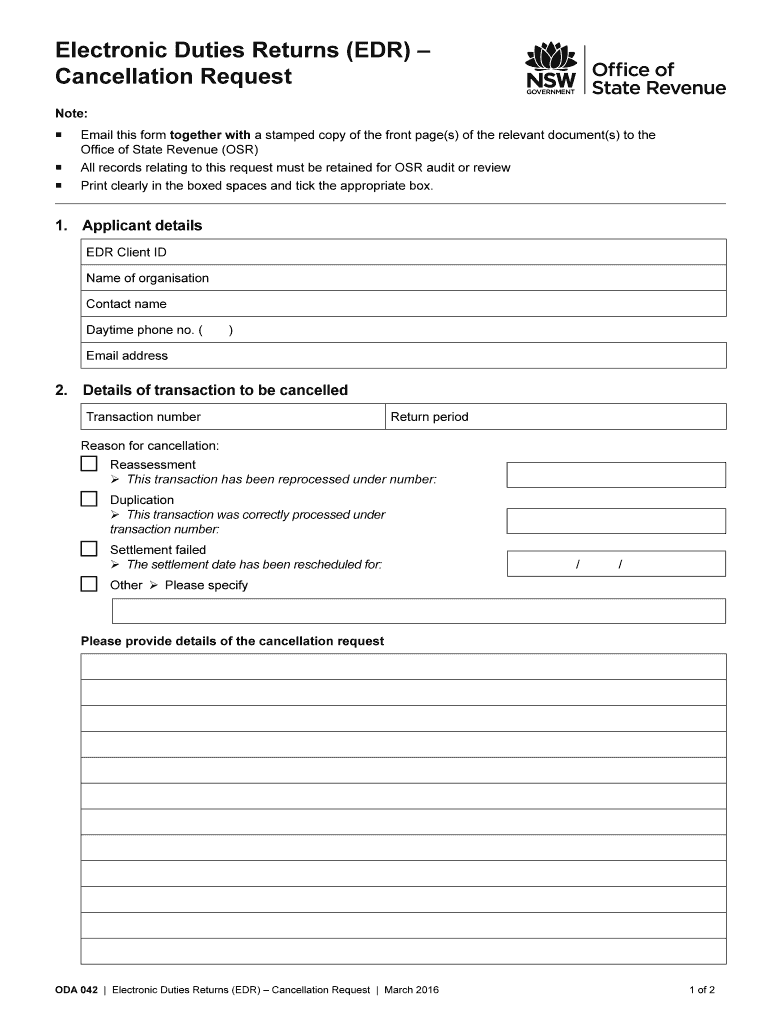 Fillable Online osr nsw gov Electronic Duties Returns EDR Cancellation ...