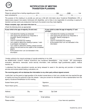 Fillable Online NOTIFICATION OF MEETING TRANSITION PLANNING Fax Email ...