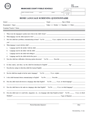 Fillable Online HOME LANGUAGE SCREENING QUESTIONNAIRE Fax Email Print ...
