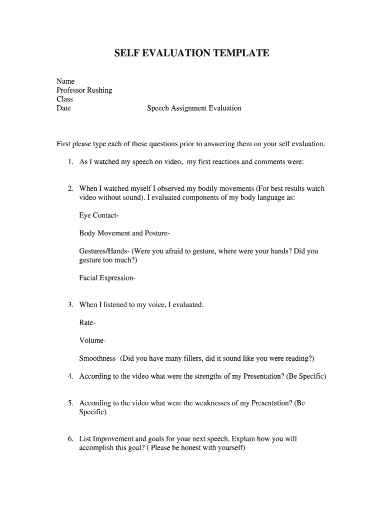 Fillable Online SELF EVALUATION TEMPLATE Fax Email Print - pdfFiller