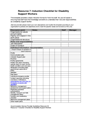 Fillable Online Resource 7 Induction Checklist for Disability Support ...
