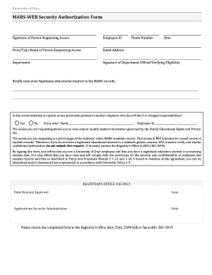 Fillable Online registrar utah MARS-WEB Security Authorization Form Fax ...