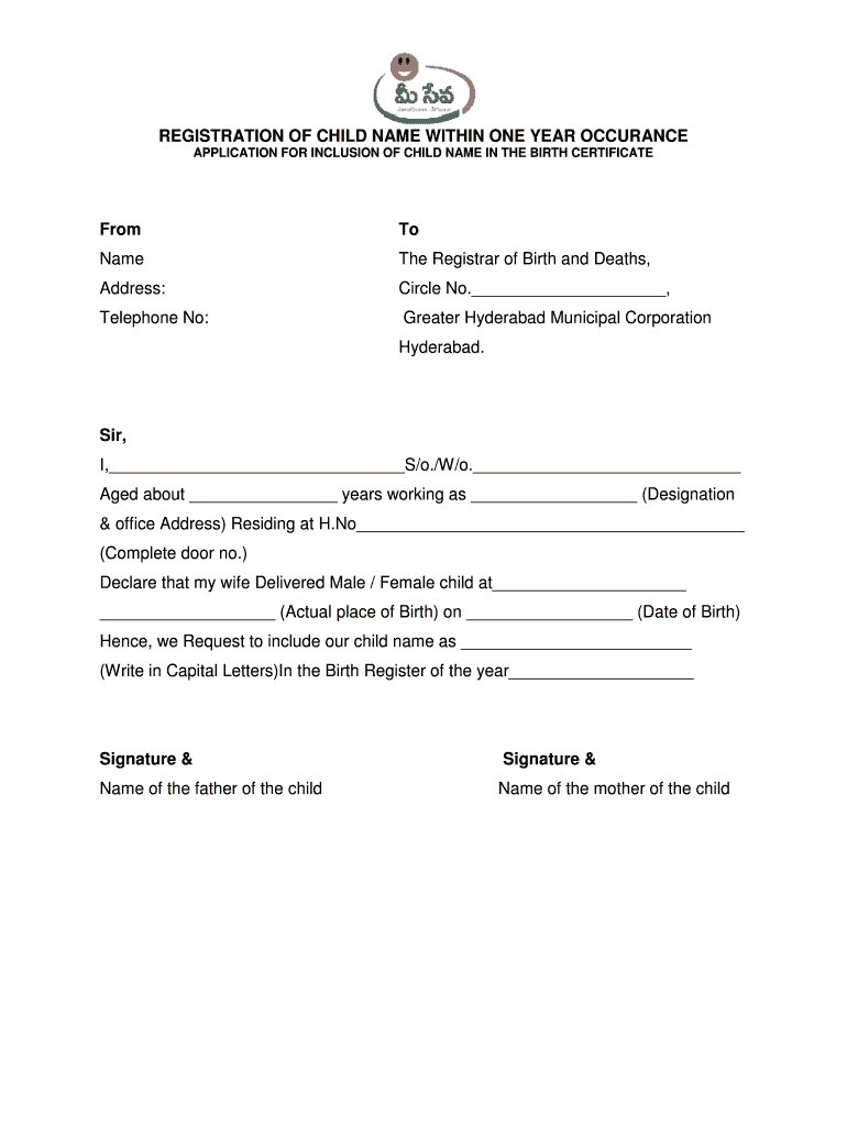 REGISTRATION OF CHILD NAME WITHIN ONE YEAR OCCURANCE - Fill and Sign ...