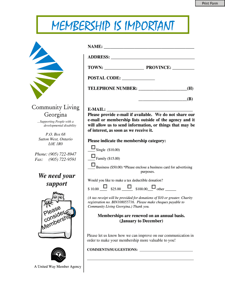 Fillable Online MEMBERSHIP IS IMPORTANT - Community Living Georgina Fax Email Print - pdfFiller