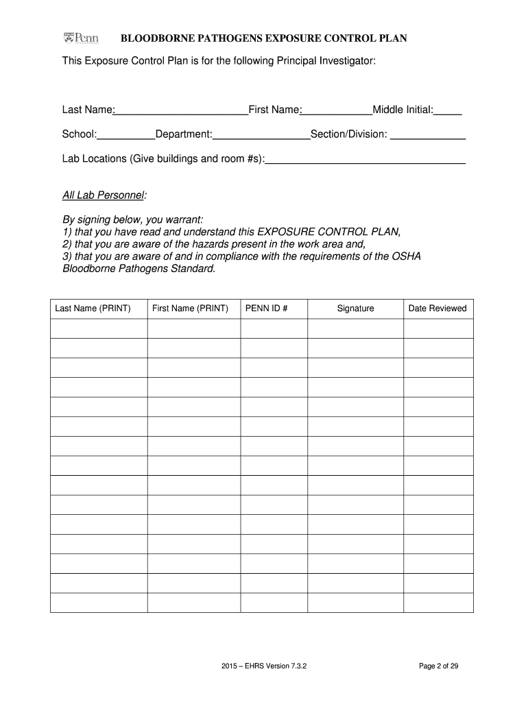 Fillable Online ehrs upenn BLOODBORNE PATHOGENS EXPOSURE CONTROL PLAN ...