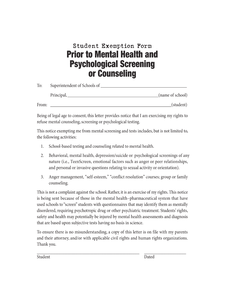 Fillable Online cchr Student Exemption Form Prior to Mental Health and ...