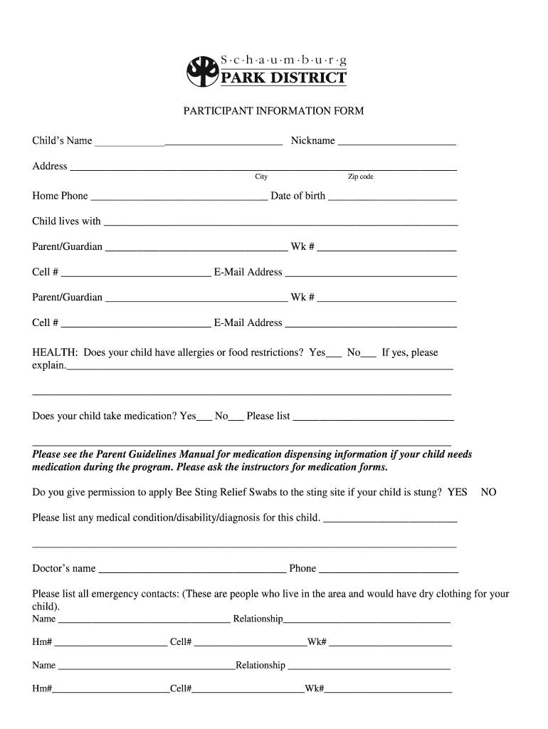 Fillable Online PARTICIPANT INFORMATION FORM Childs Name Nickname ...