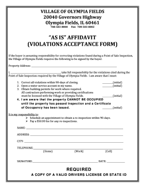 Fillable Online AS IS AFFIDAVIT VIOLATIONS ACCEPTANCE FORM Fax Email ...