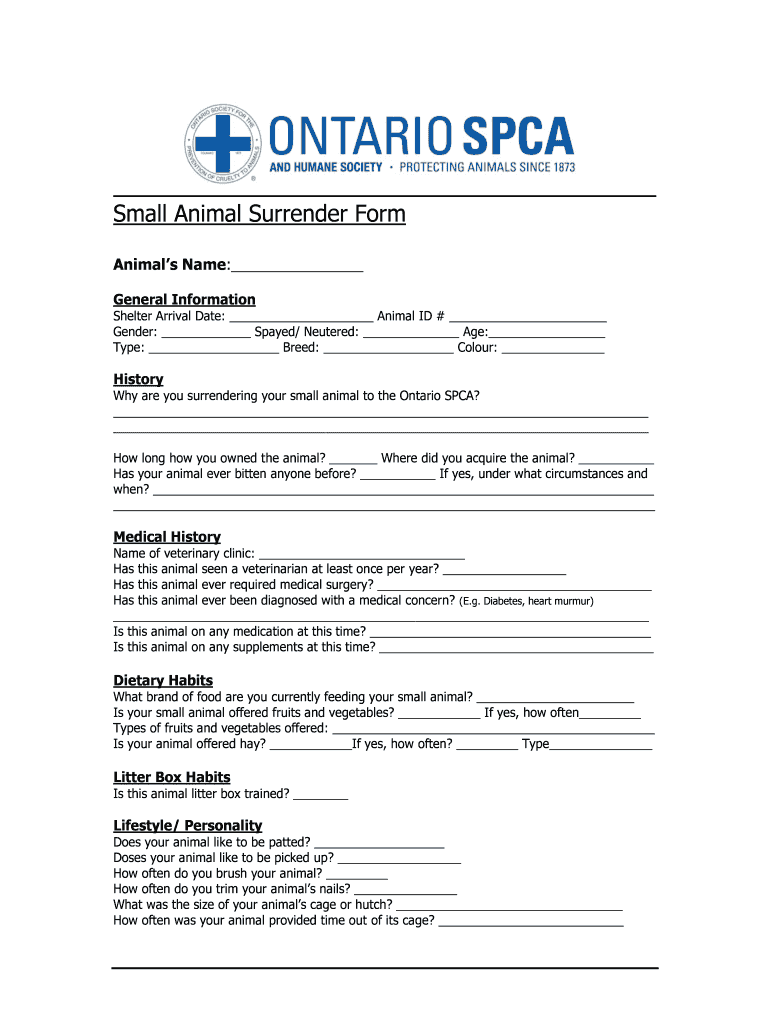 Fillable Online muskoka ontariospca Small Animal Surrender Form ...