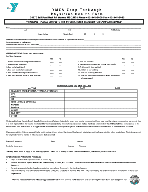 Fillable Online ymcacamptockwogh YMCA CAMP TOCKWOGH HEALTH EXAMINATION ...