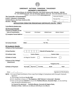 Fillable Online sndt ac APPLICATION FORM FOR PERCENTAGE CERTIFICATE Fee ...