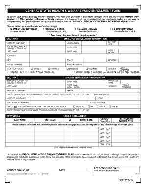 Fillable Online CENTRAL STATES HEALTH WELFARE FUND ENROLLMENT FORM Fax ...